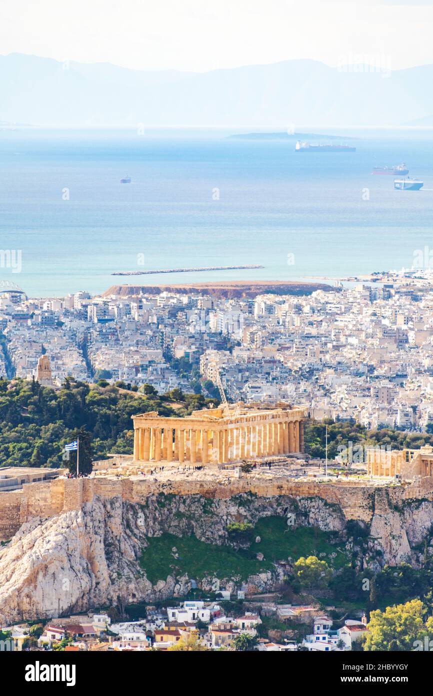 Vertical aerial cityscape of the Acropolis and city of Athens from the highest peak Lycabettus ...