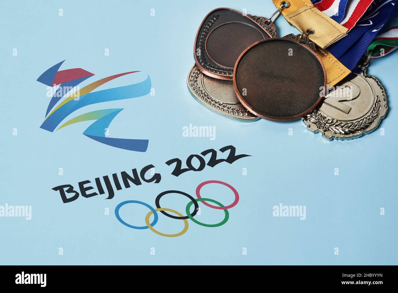 14 December 2021 - Los Angeles, USA: Olympic medals and Beijing 2022 ...
