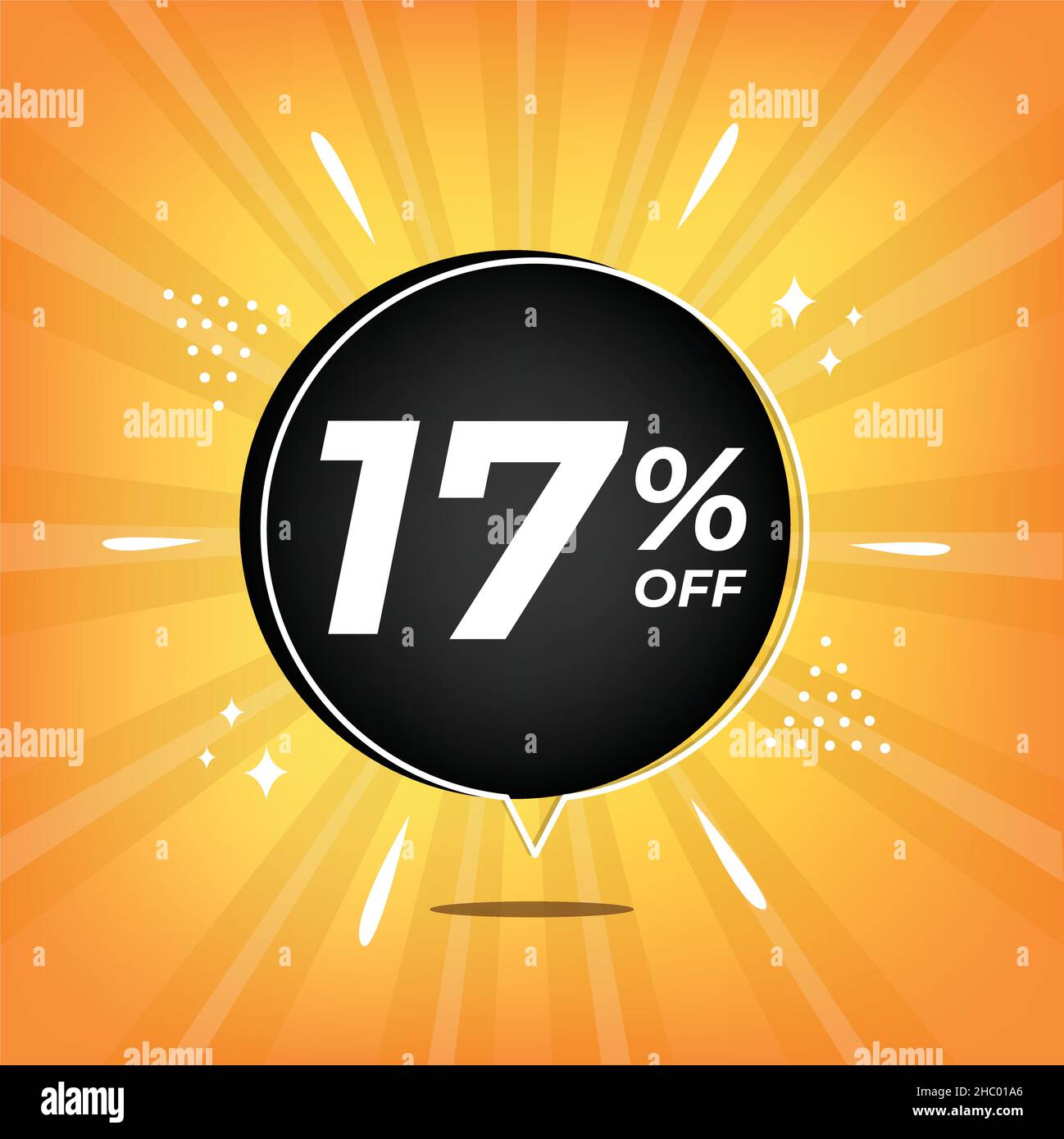17% off. Yellow banner with seventeen percent discount on a black ...