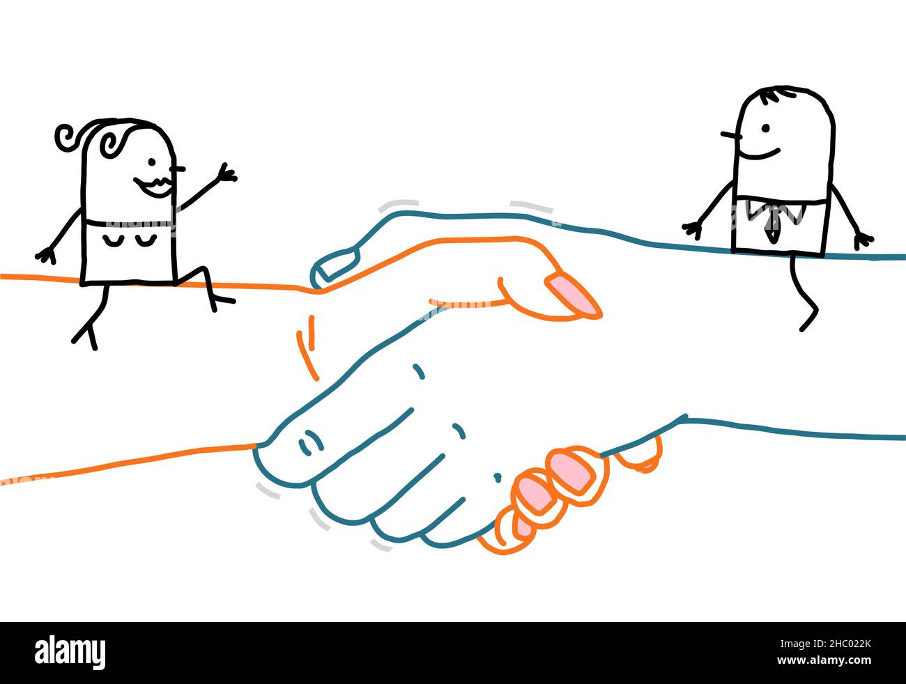 Hand drawn Cartoon Woman and Man Meeting on a big Handshake Stock ...