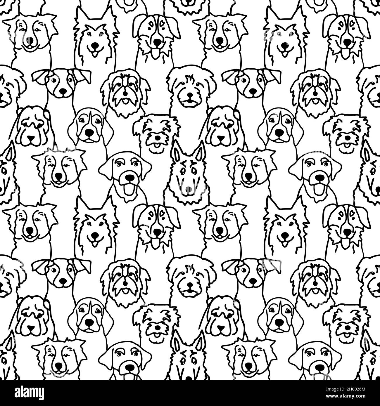 Seamless pattern with black outline doodle dogs faces. Dogs breeds ...