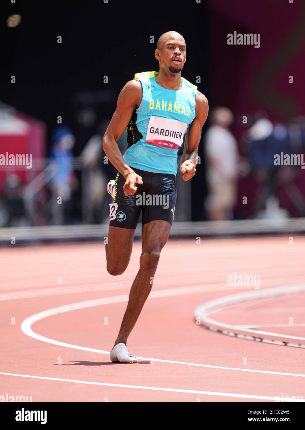 Steven Gardiner competing in the 400 meters of the 2020 Tokyo Olympics ...