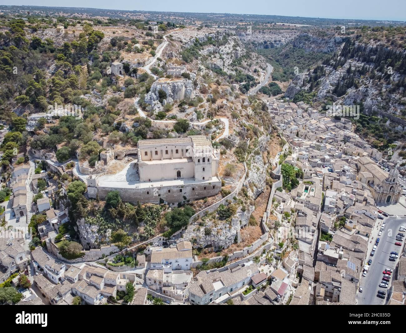 Aerial drone shot of the baroque town of Scicli, Province of Ragusa ...