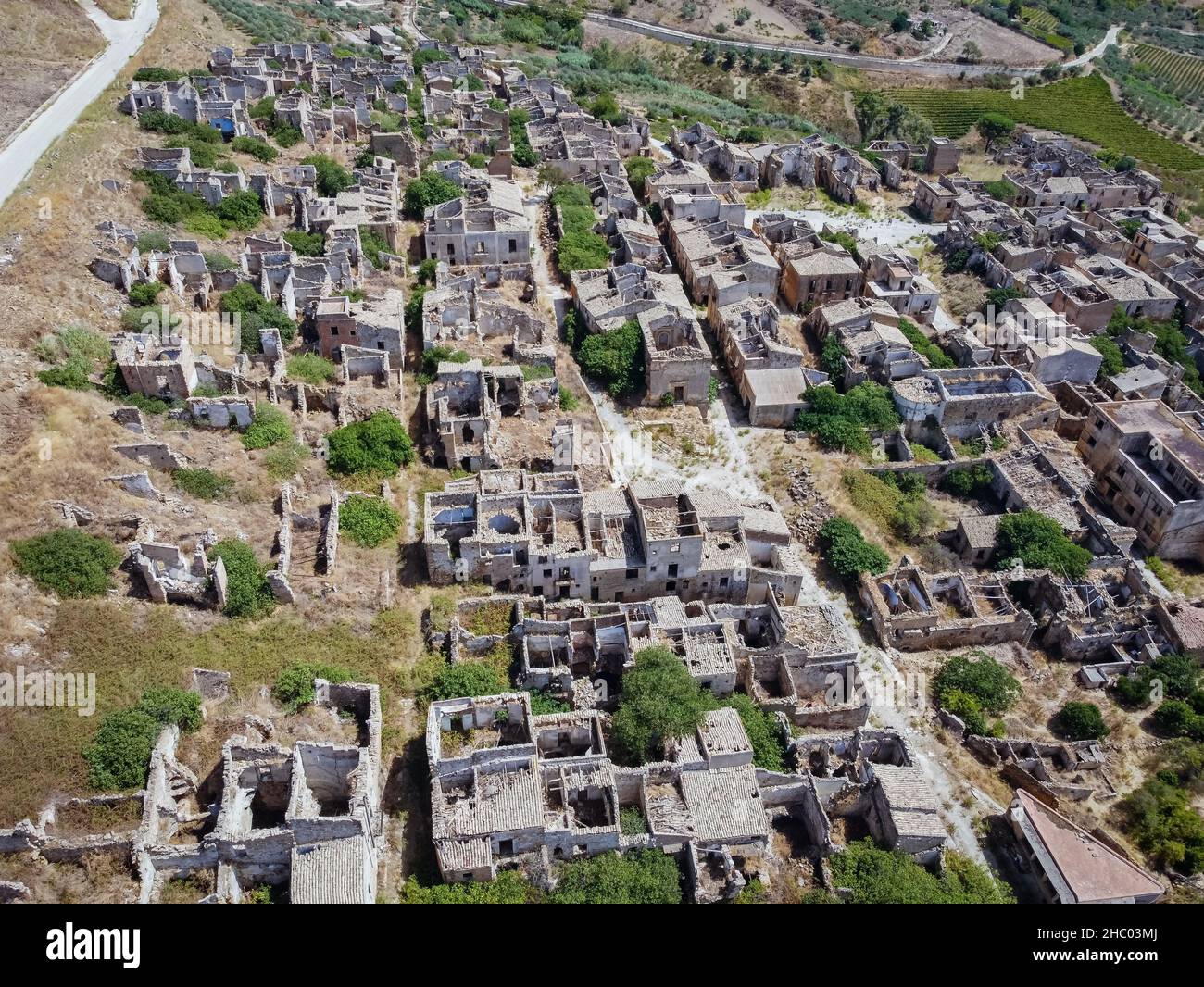 Aerial drone view of Ruins of Poggioreale in the Belice valley ...