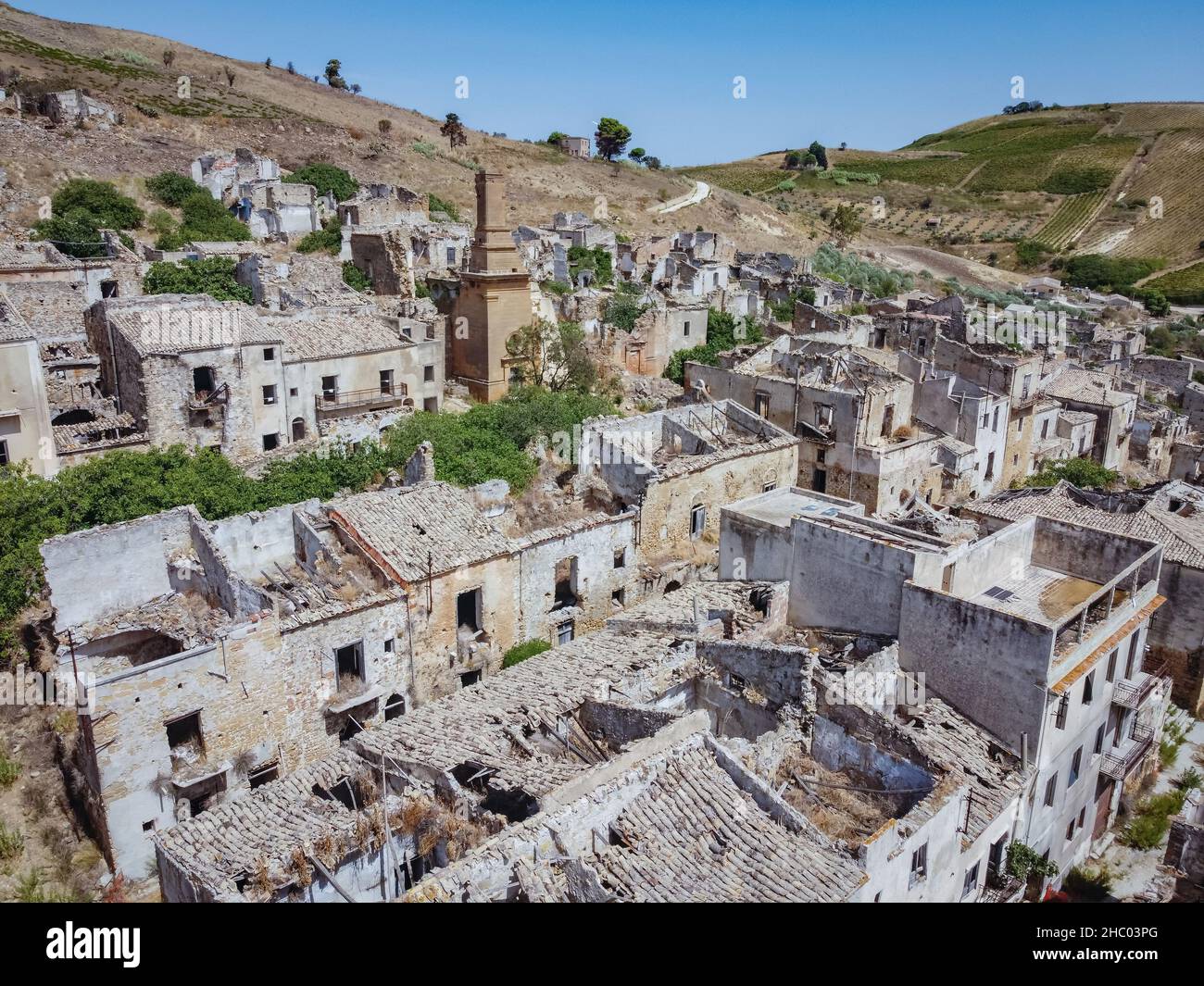 Aerial drone view of Ruins of Poggioreale in the Belice valley ...