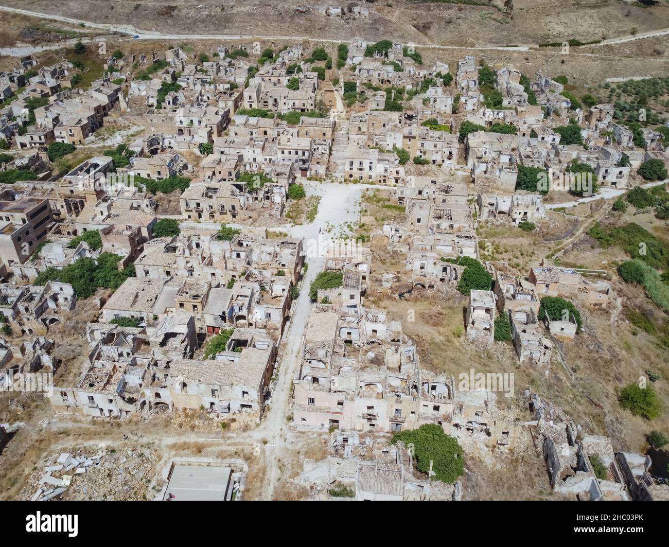 Aerial drone view of Ruins of Poggioreale in the Belice valley ...