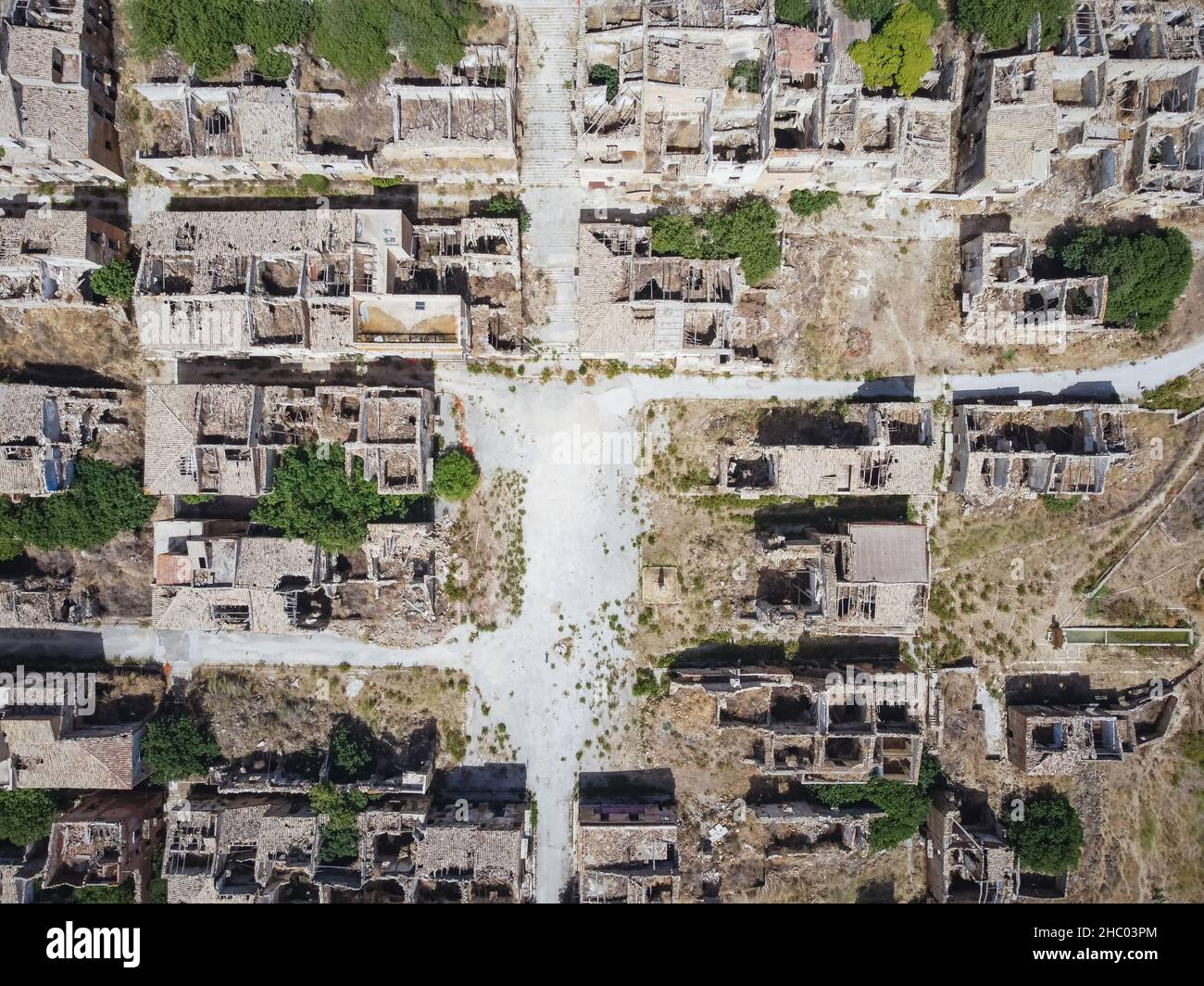 Aerial drone view of Ruins of Poggioreale in the Belice valley ...