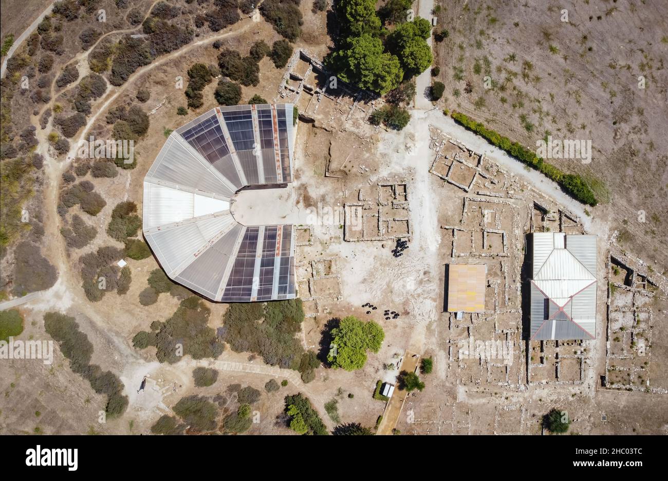 Aerial drone. Eraclea Minoa archaeological area, Greek Amphitheatre ...