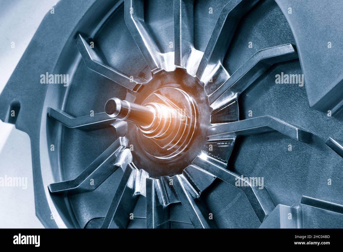 Steel blades of turbine propeller. Close-up view. Selected focus on ...