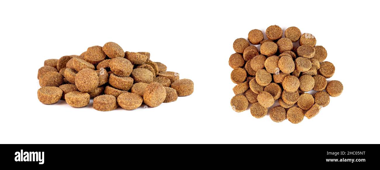 Top view of brown crunchy organic kibble pieces for dog feed heap set ...