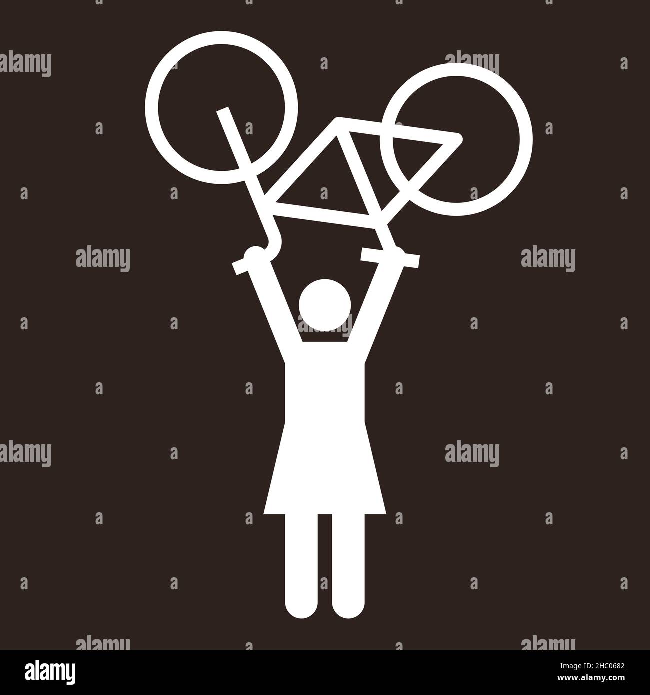 Woman lifting bicycle. Womanpower symbol. Cycling winner icon on dark ...