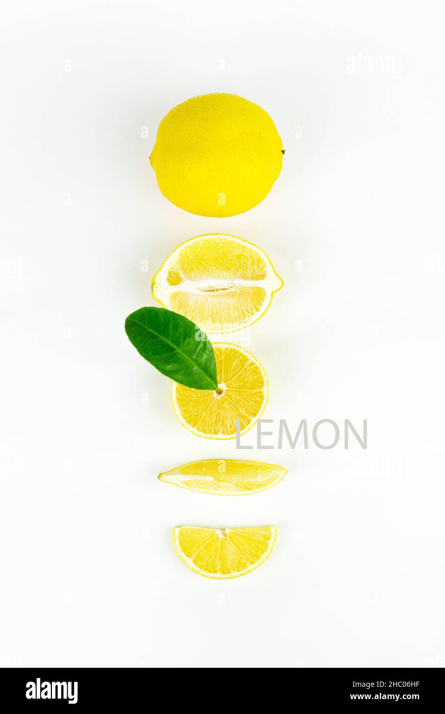 Creative layout made half of lemon, slide, piece on white background ...