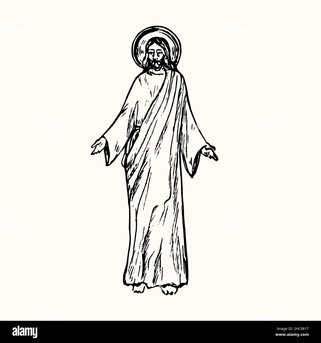 Jesus Christ. Ink black and white doodle drawing in woodcut style with ...