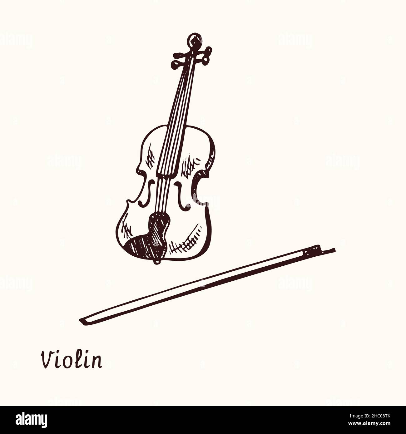 Violin. Ink black and white doodle drawing in woodcut style with ...