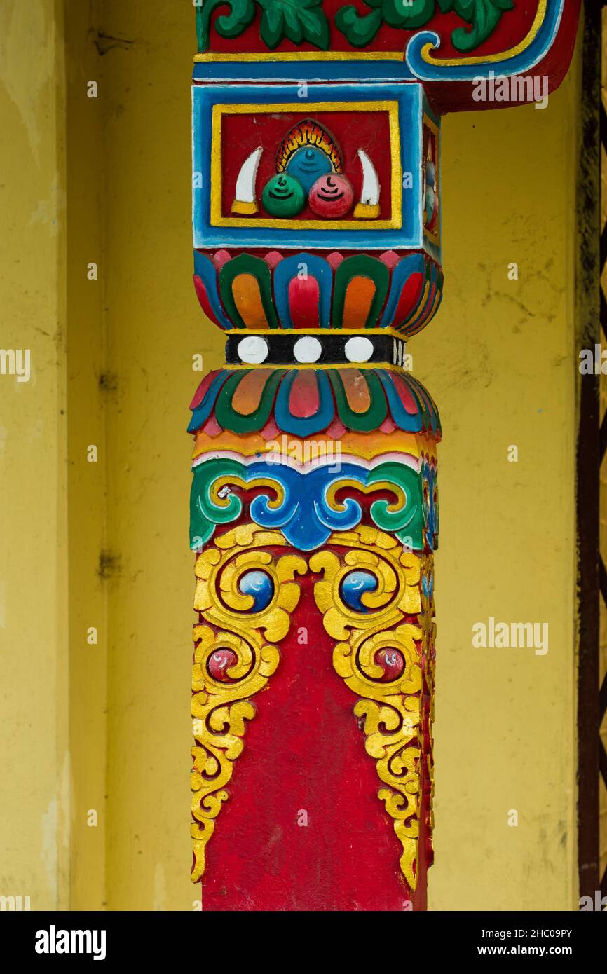 Ornately painted woodwork with religious motifs in the Pema Tsal Sakya ...