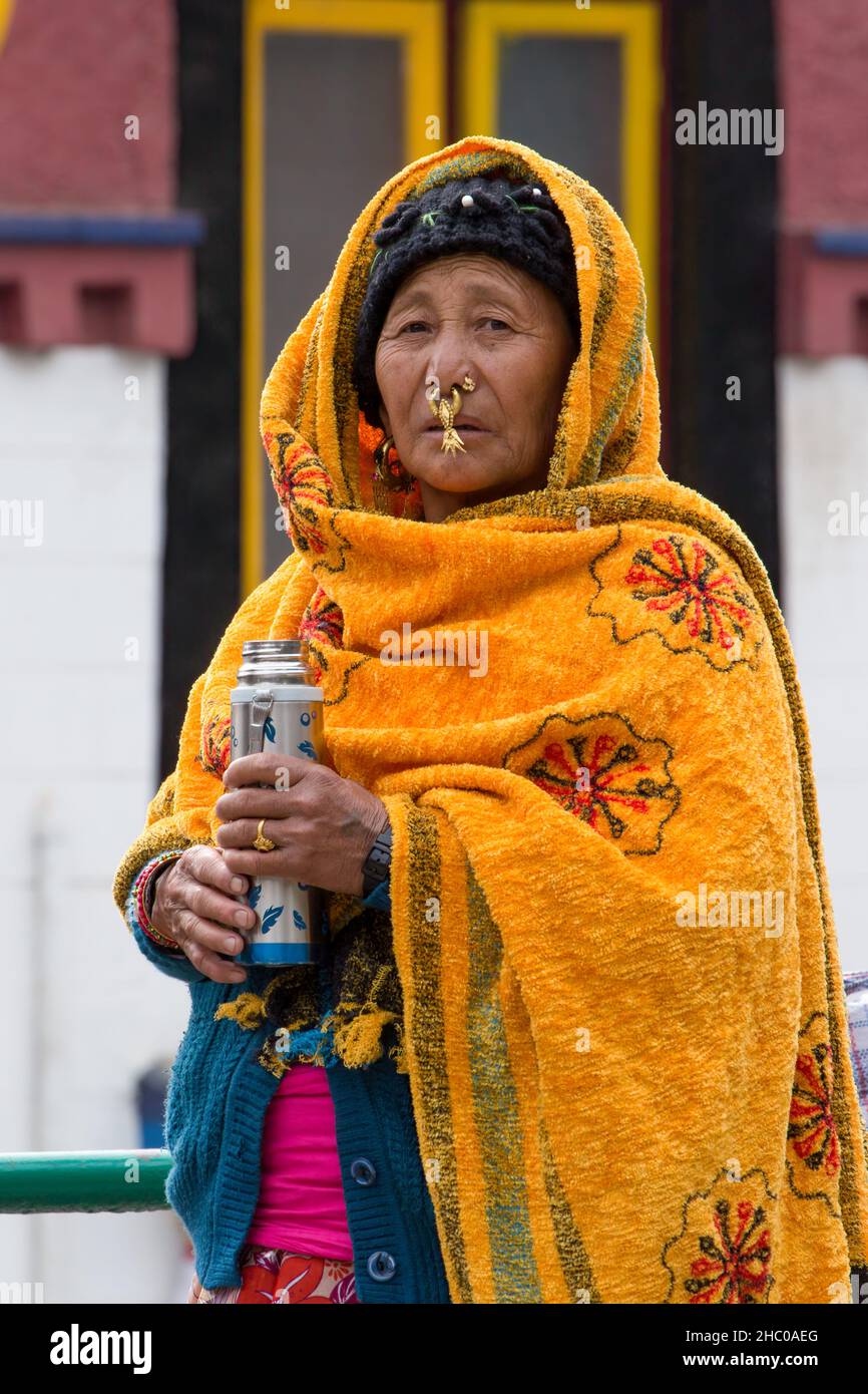 An older Nepali Newar woman with an elaborate nose ring in Hanuman ...