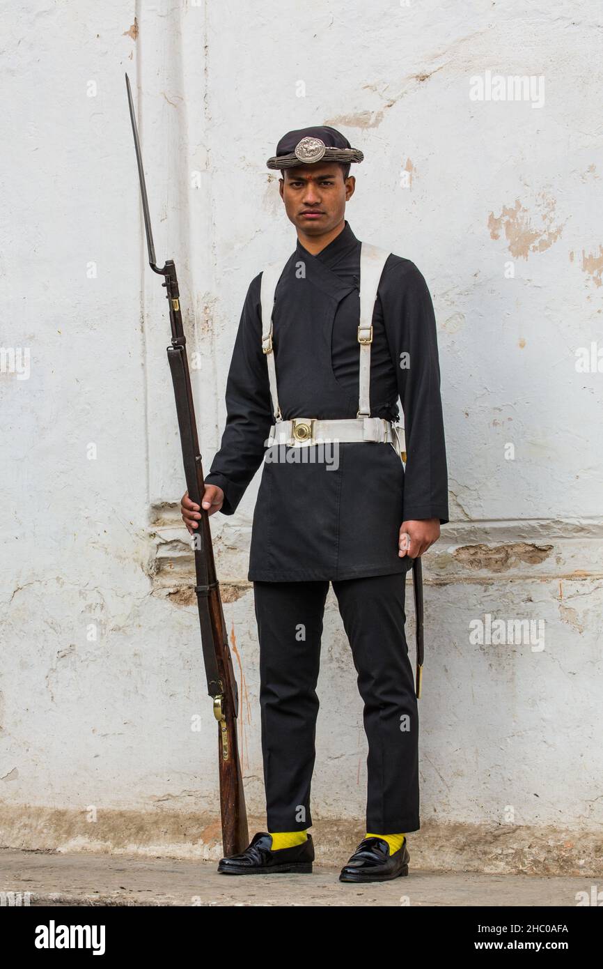 A ceremonial Gurkha soldier in the traditional Gurhka uniform guards ...