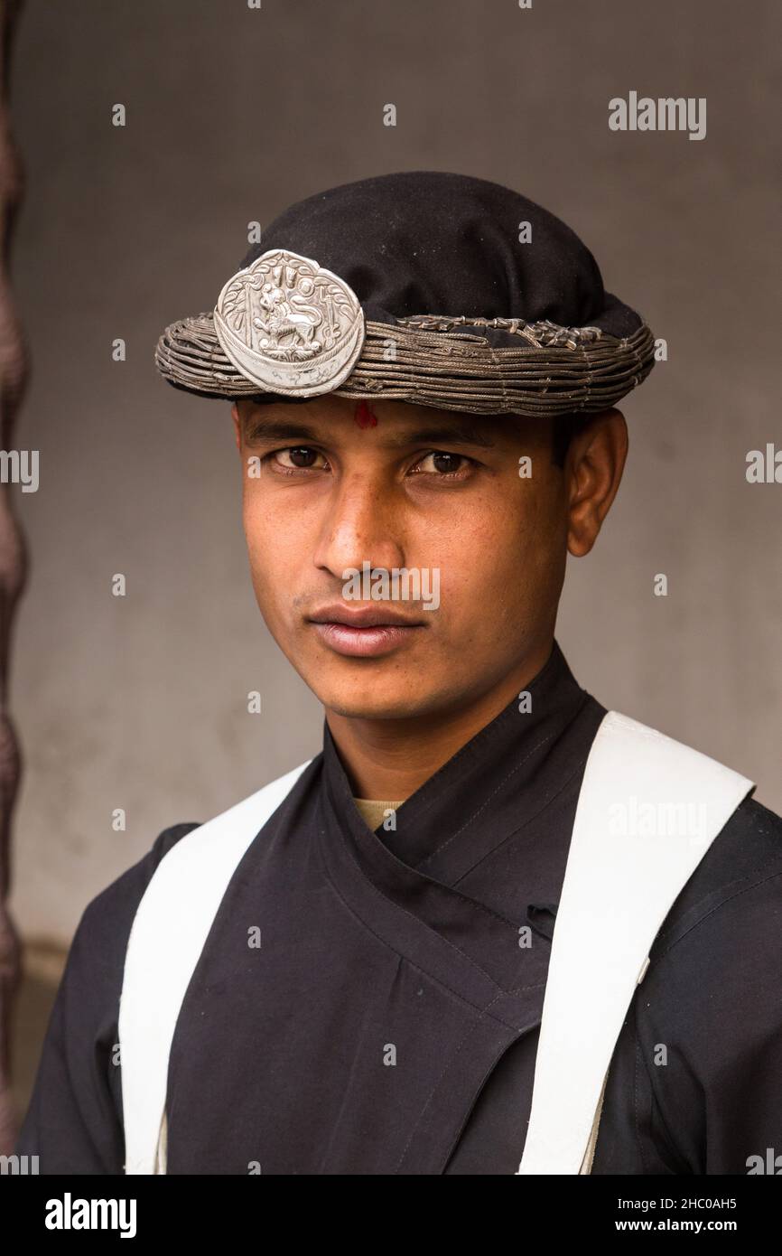 A ceremonial Gurkha soldier in the traditional Gurhka uniform guards ...
