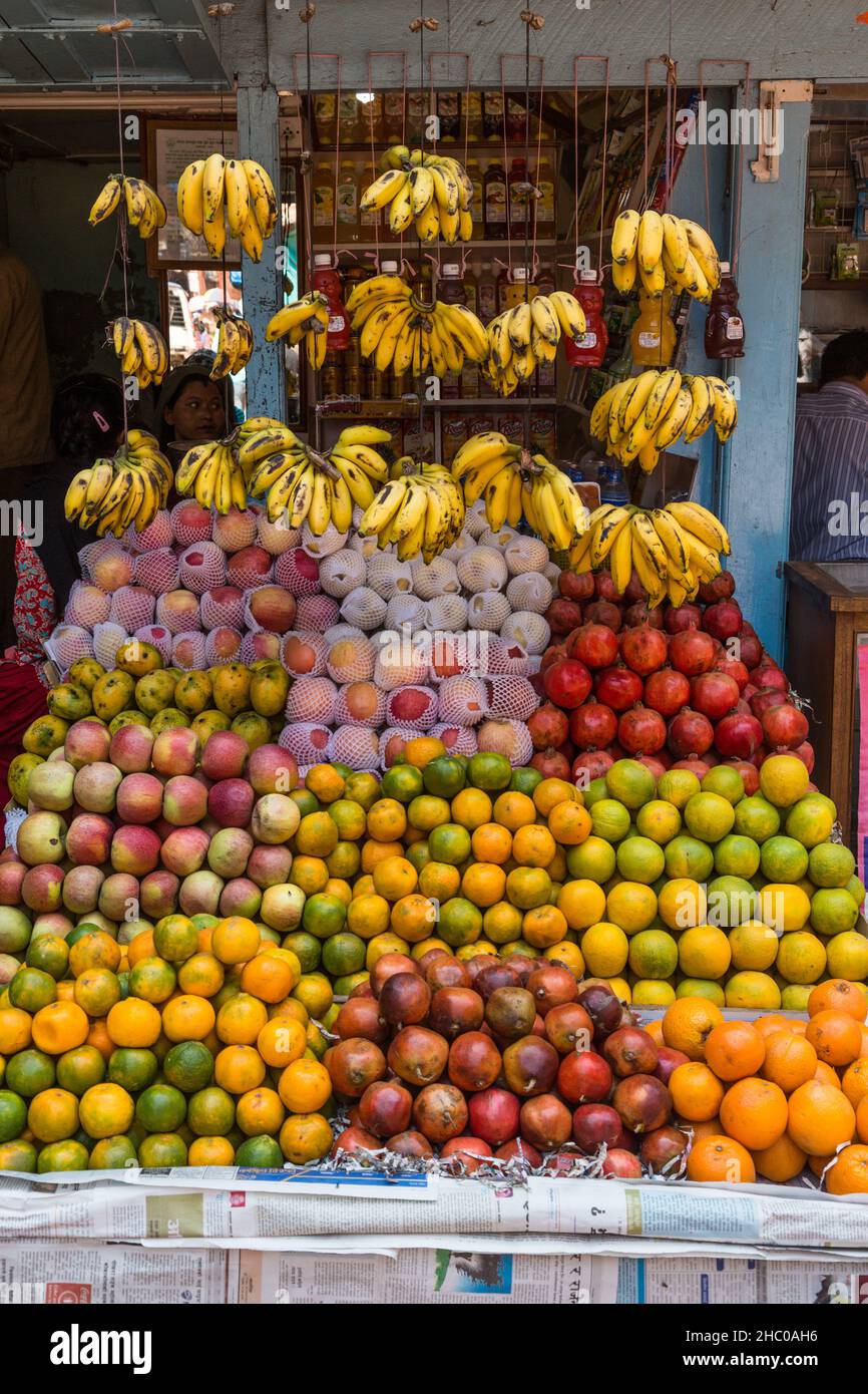 A streetside stand selling fresh fruit in the medieval city of ...