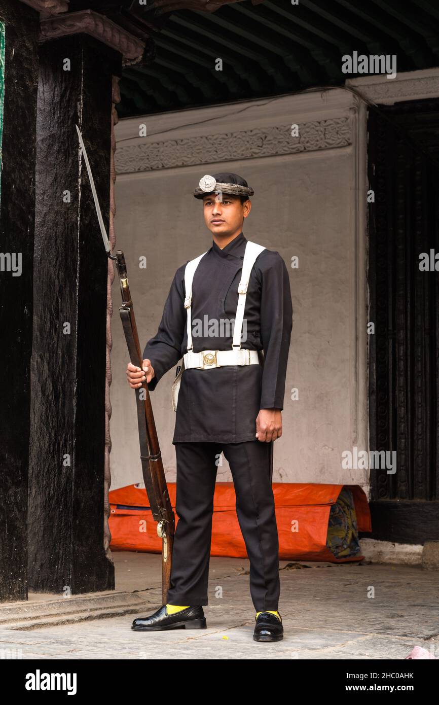 A ceremonial Gurkha soldier in the traditional Gurhka uniform guards ...