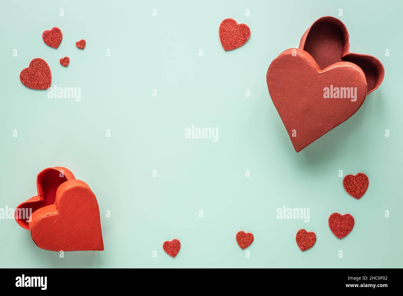 Red hearts, half-open decorative gift boxes for a loved one, decorative ...