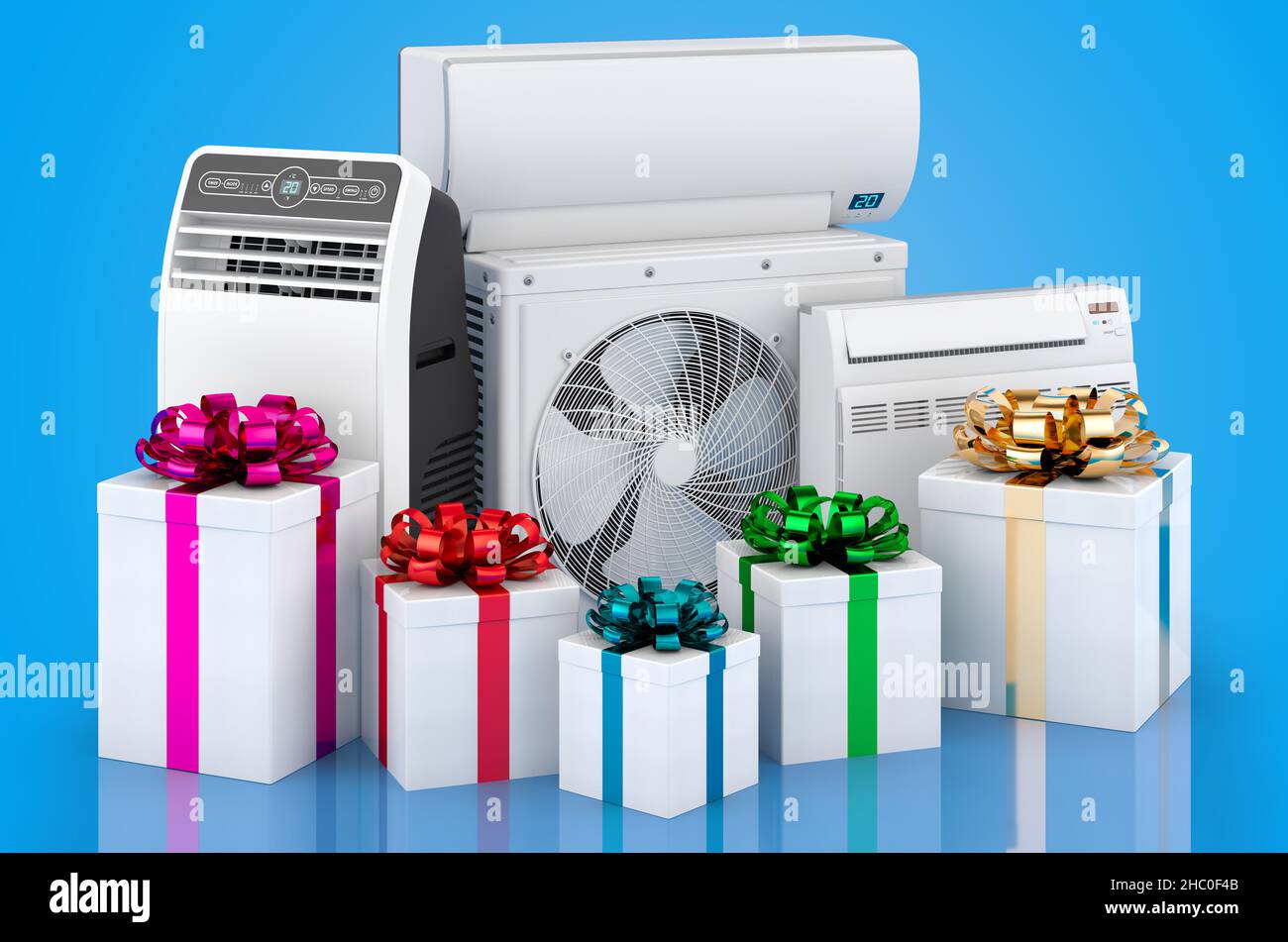 Climate and cooling electric devices with presents, 3D rendering ...