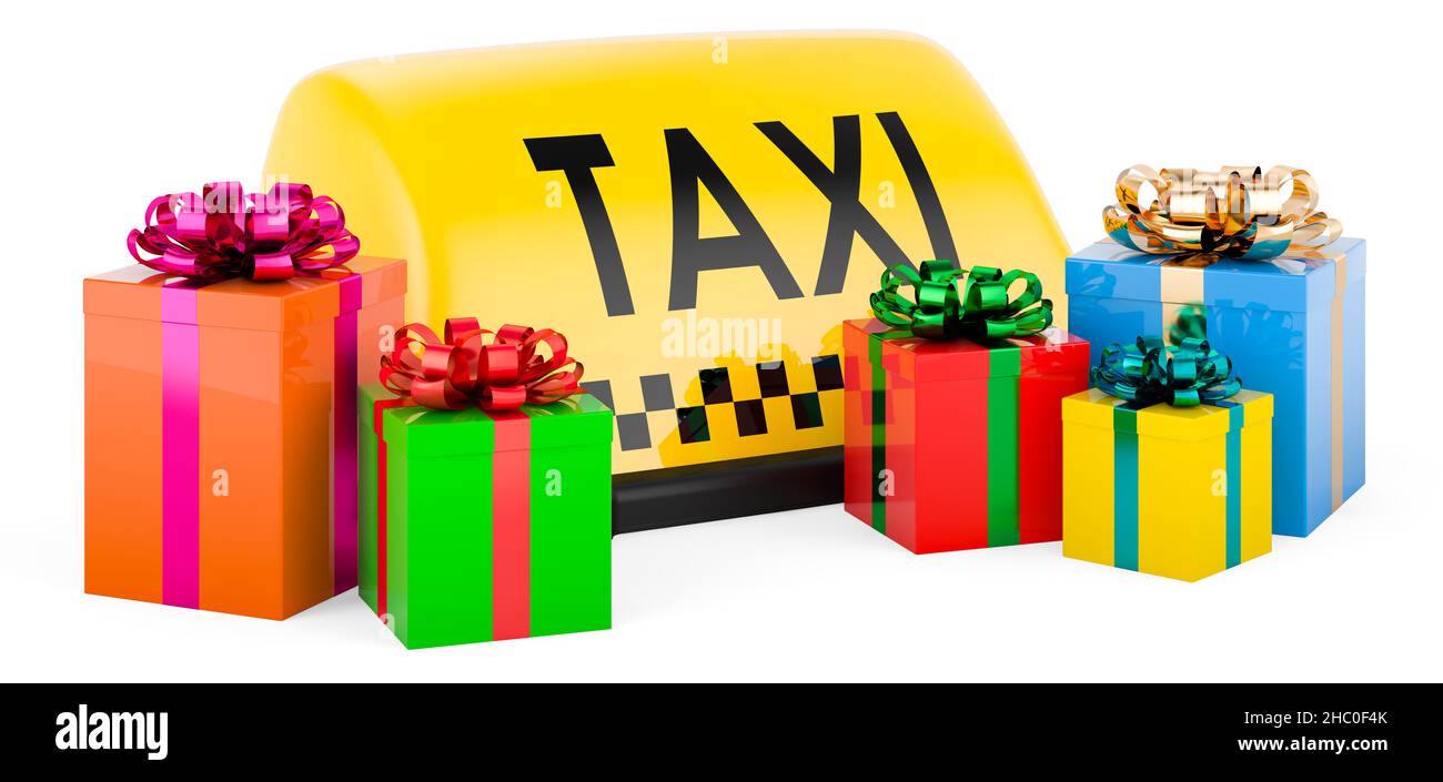 Yellow taxi car signboard with gift boxes, 3D rendering isolated on ...