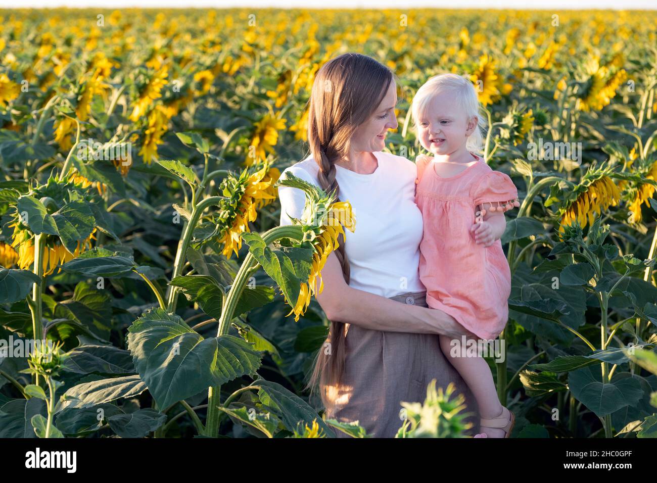 Happy mom and daughter in sunflowers field. Tenderness and care Stock ...