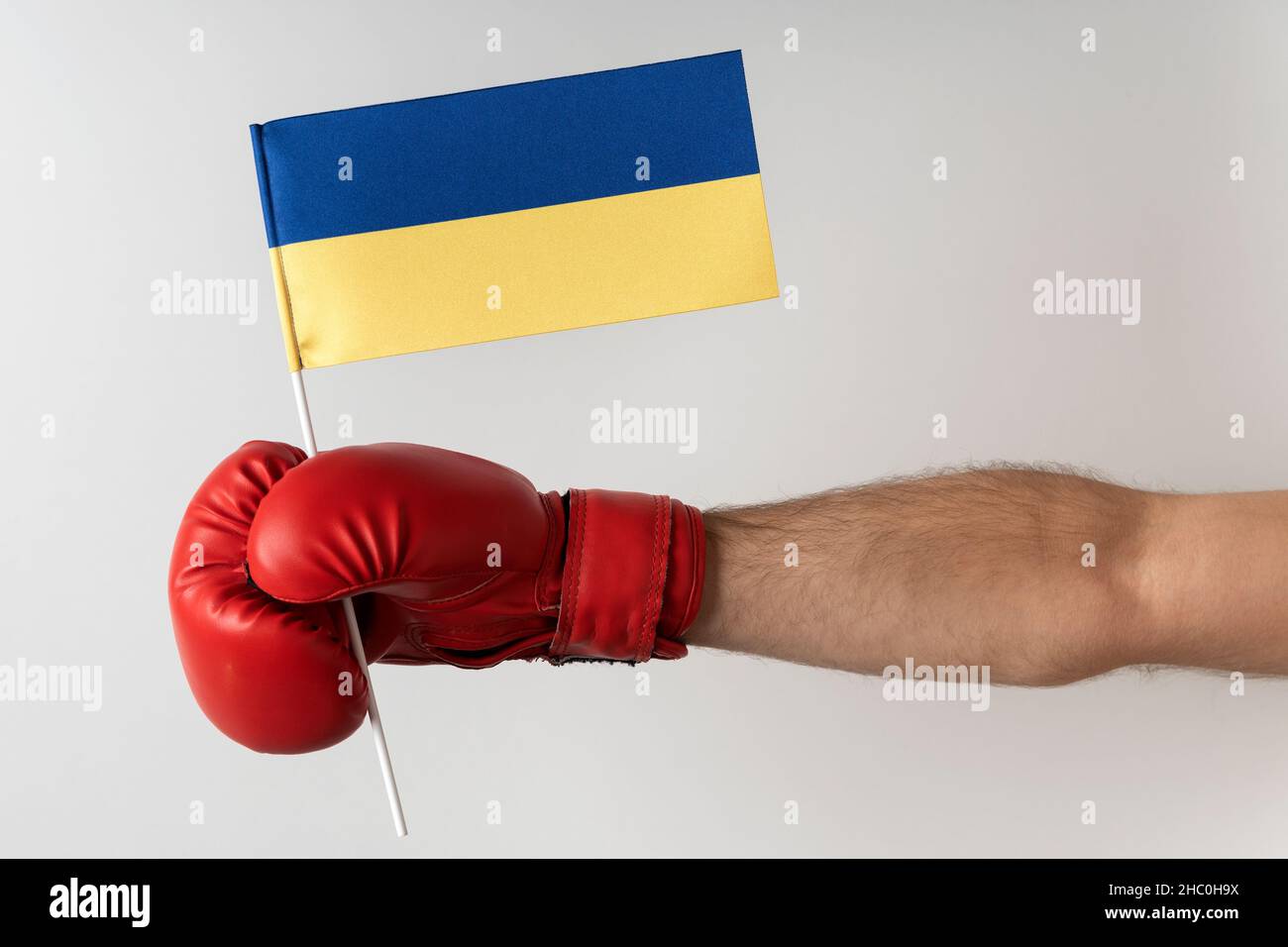 Boxing glove with Ukrainian flag. Boxer holds flag of Ukraine. White ...