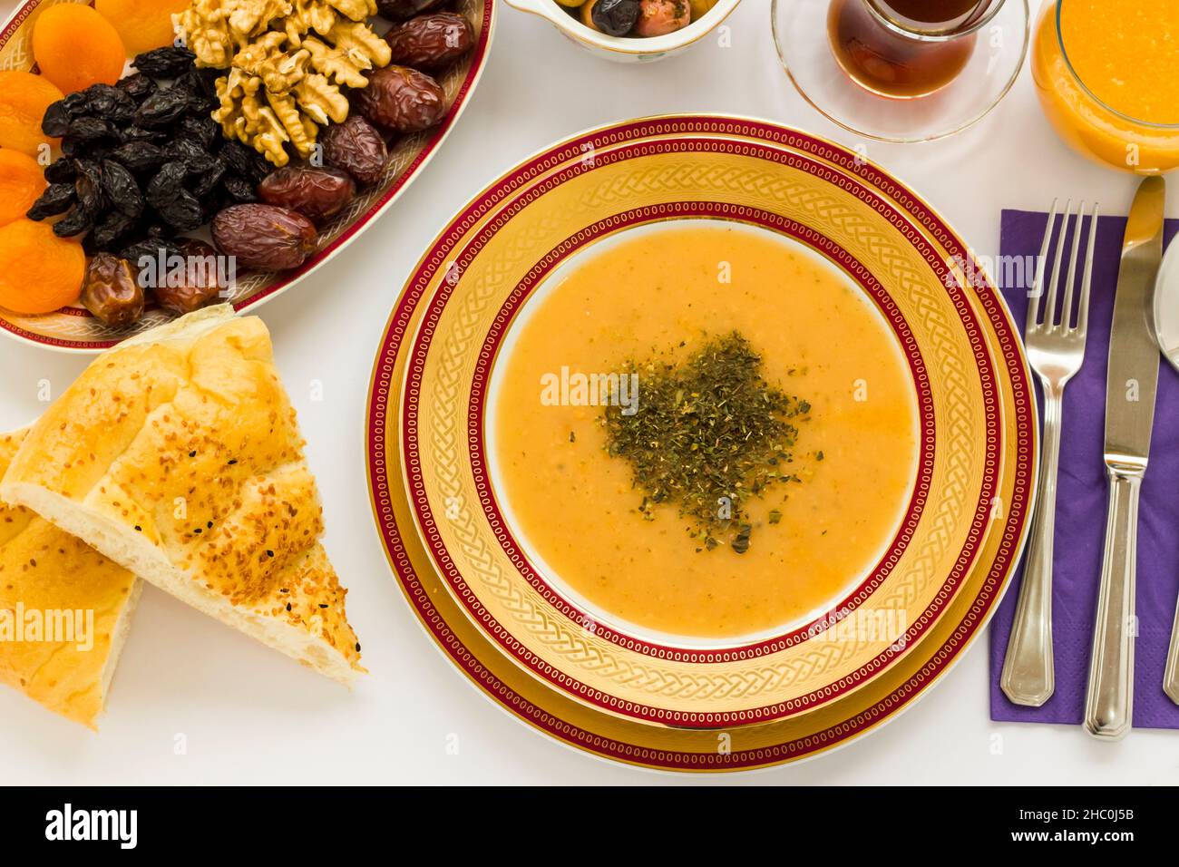 Traditional Turkish Ramadan Iftar,Dinner Table With Soup and Triangle ...