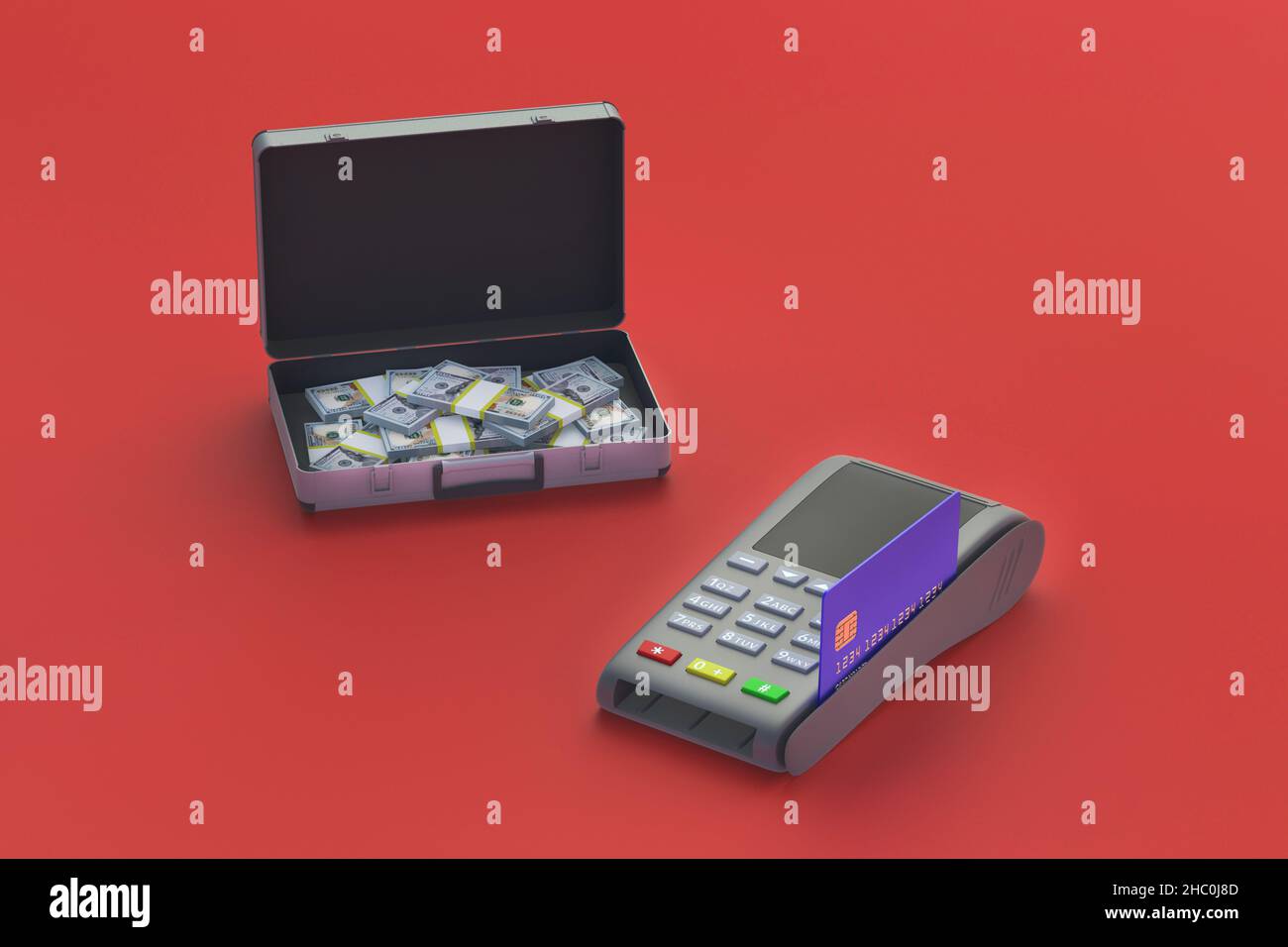 Portable cash register near suitcase with money. Cash and non-cash ...