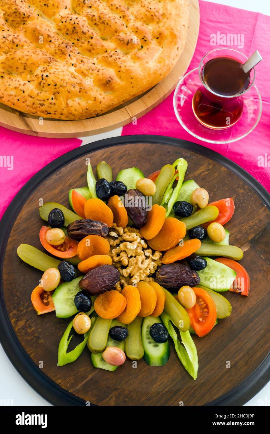 Traditional Turkish Ramadan Iftar Wooden Plate with Ramadan Bread and ...