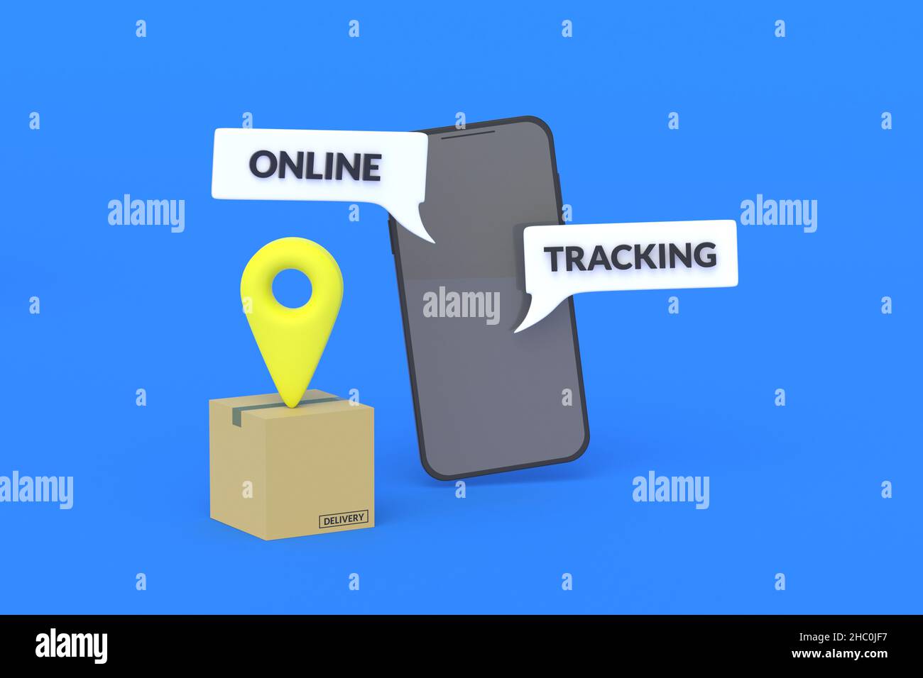 Smartphone with words online tracking near cardboard boxes and sign of ...