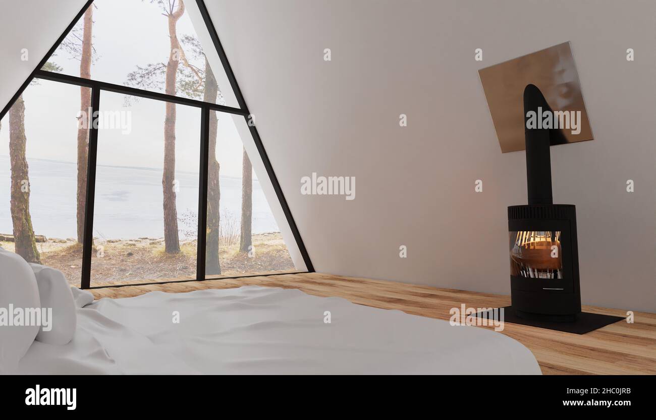 Minimalistic interior of a small contemporary hut with fireplace and ...