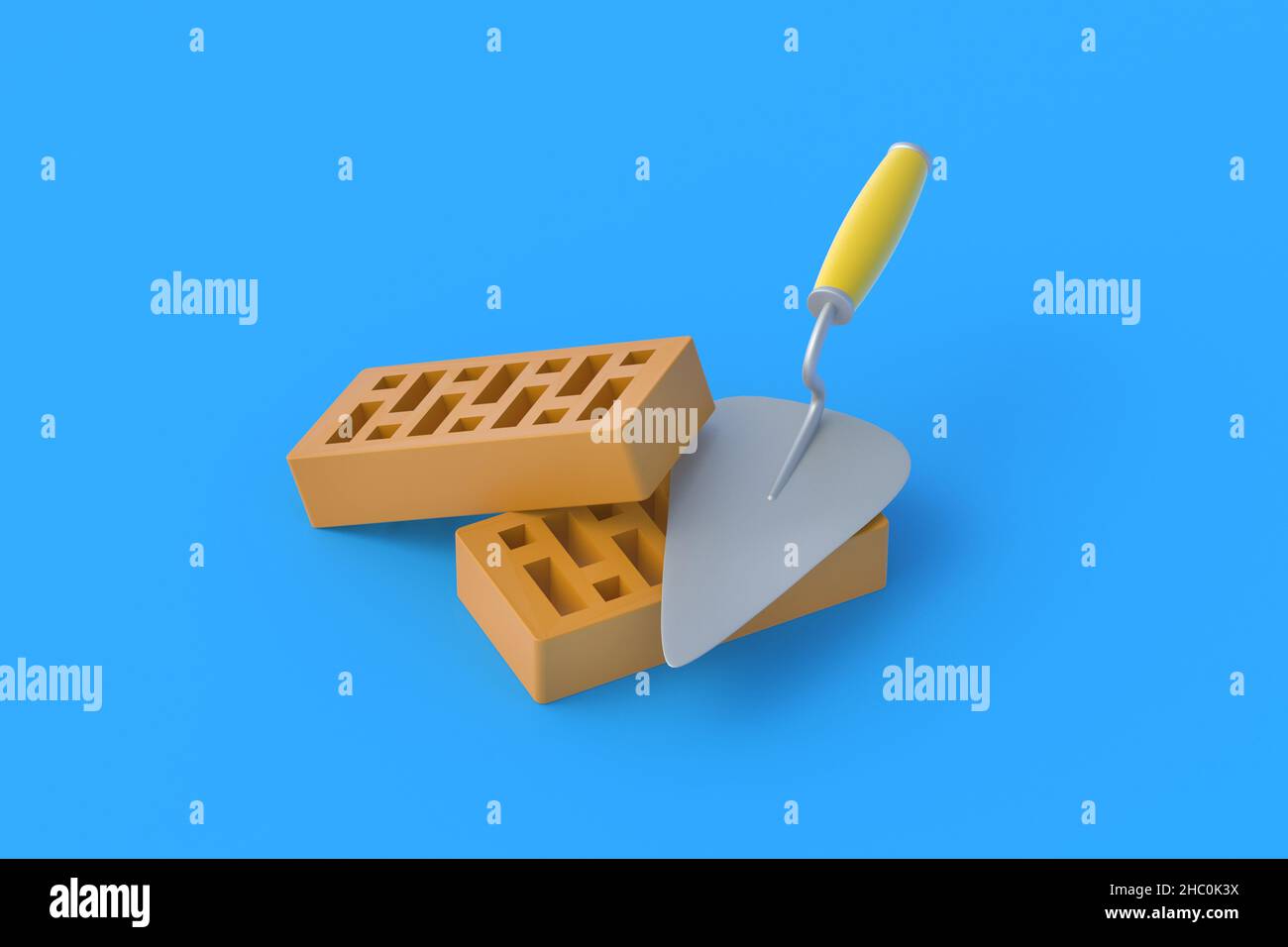 Perforated clay bricks near trowel on blue background. Home repairs. Construction materials ...