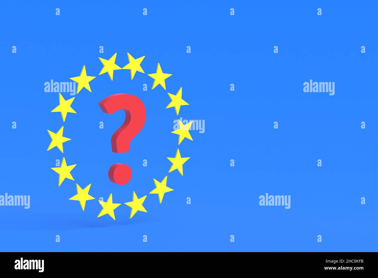 A question mark inside a ring of stars on blue background. The concept ...