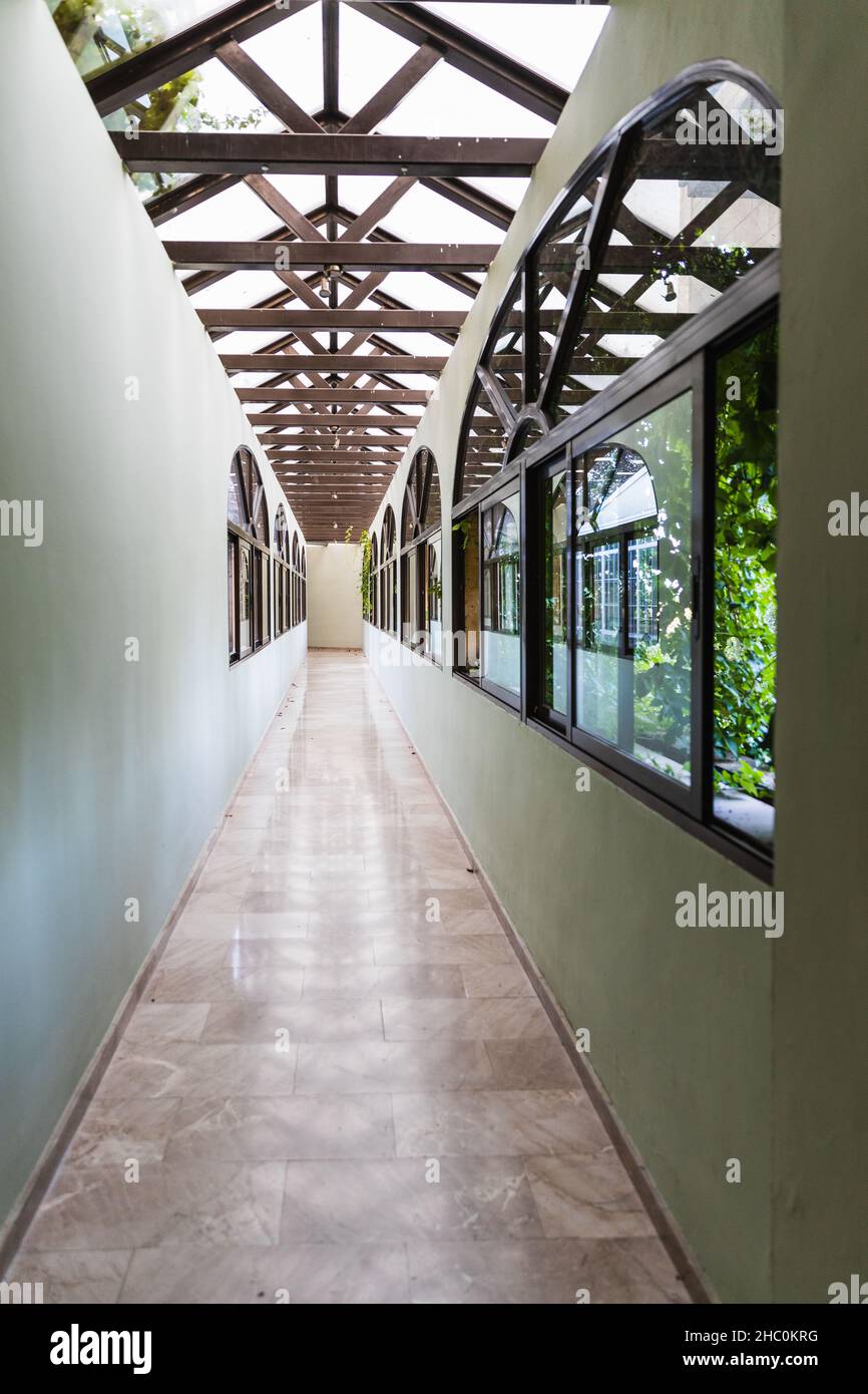 Long green-walled corridor of a bright gallery with glass roof and side ...