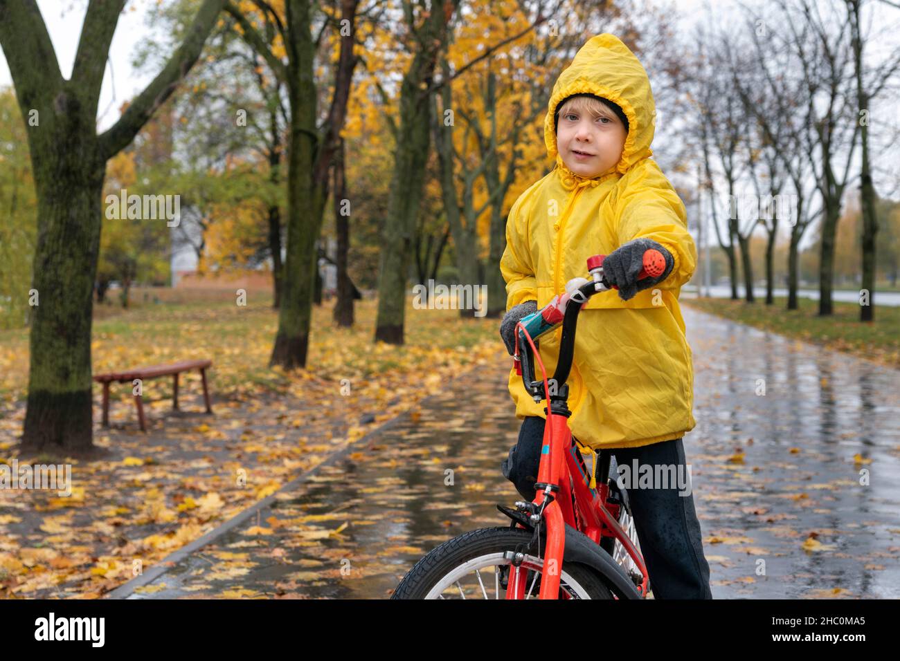 Portrait of boy in yellow raincoat on bicycle on autumn park background ...