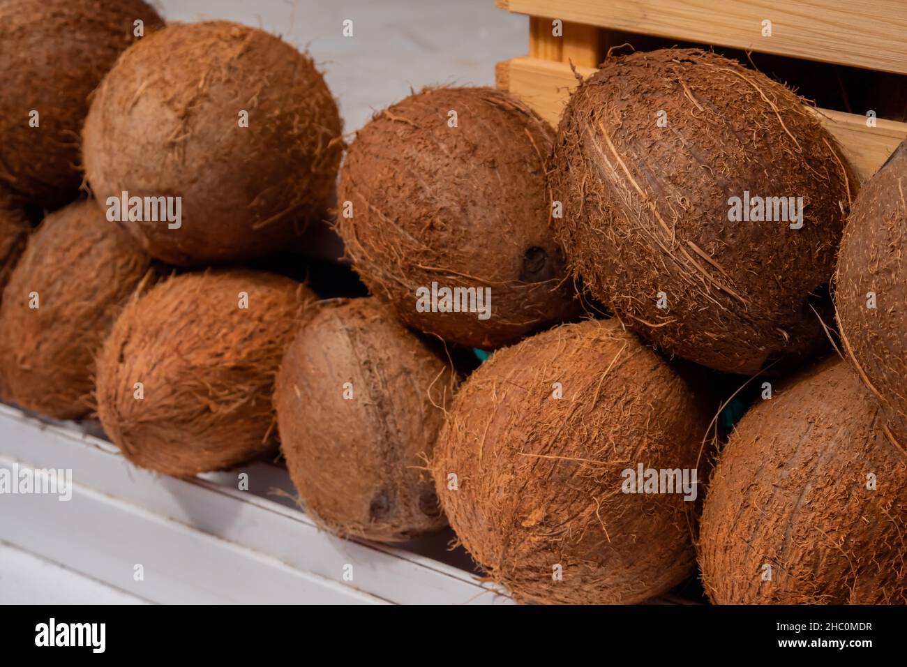 Row of fresh brown coconuts on shop counter for sale - close up Stock ...
