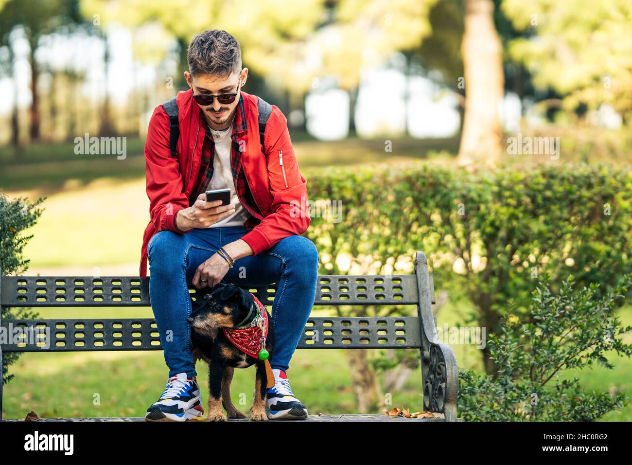 Man on park bench with dog hi-res stock photography and images - Alamy