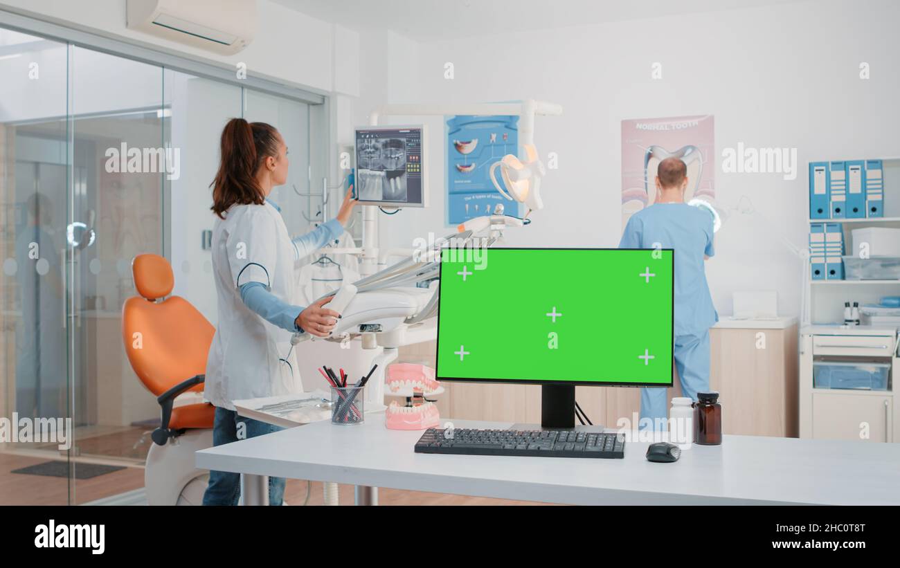 Dentist office with green screen on monitor and dental tools. Computer ...
