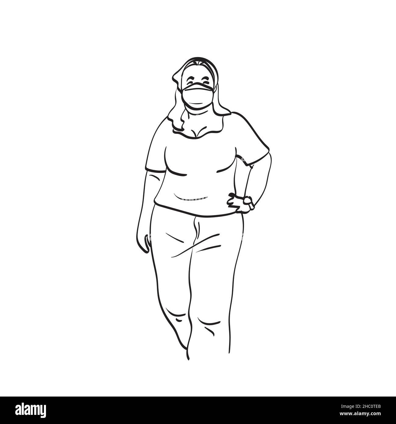 standing fat woman with medical mask illustration vector hand drawn ...