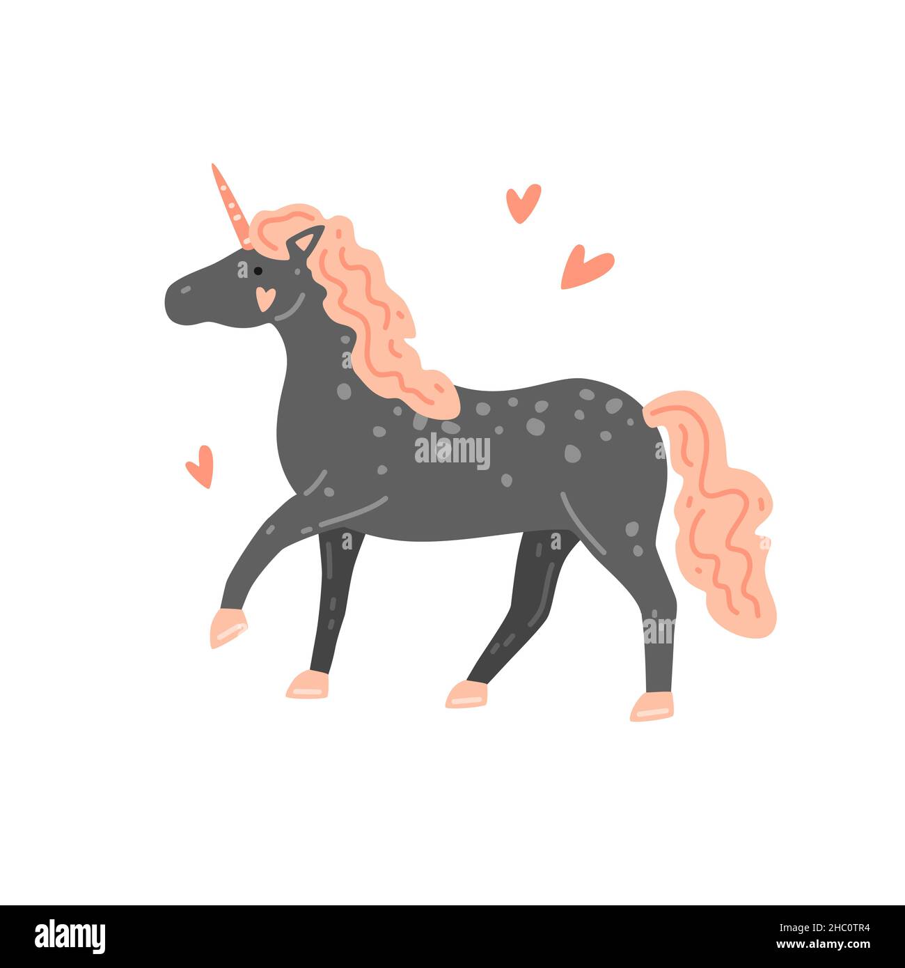 Cute grey spotted unicorn with black mane in cartoon style. Vector flat ...