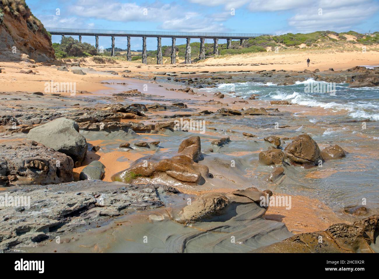 Trestle bridge above Kilcunda beach on the Bass Coast Rail Trail Stock ...
