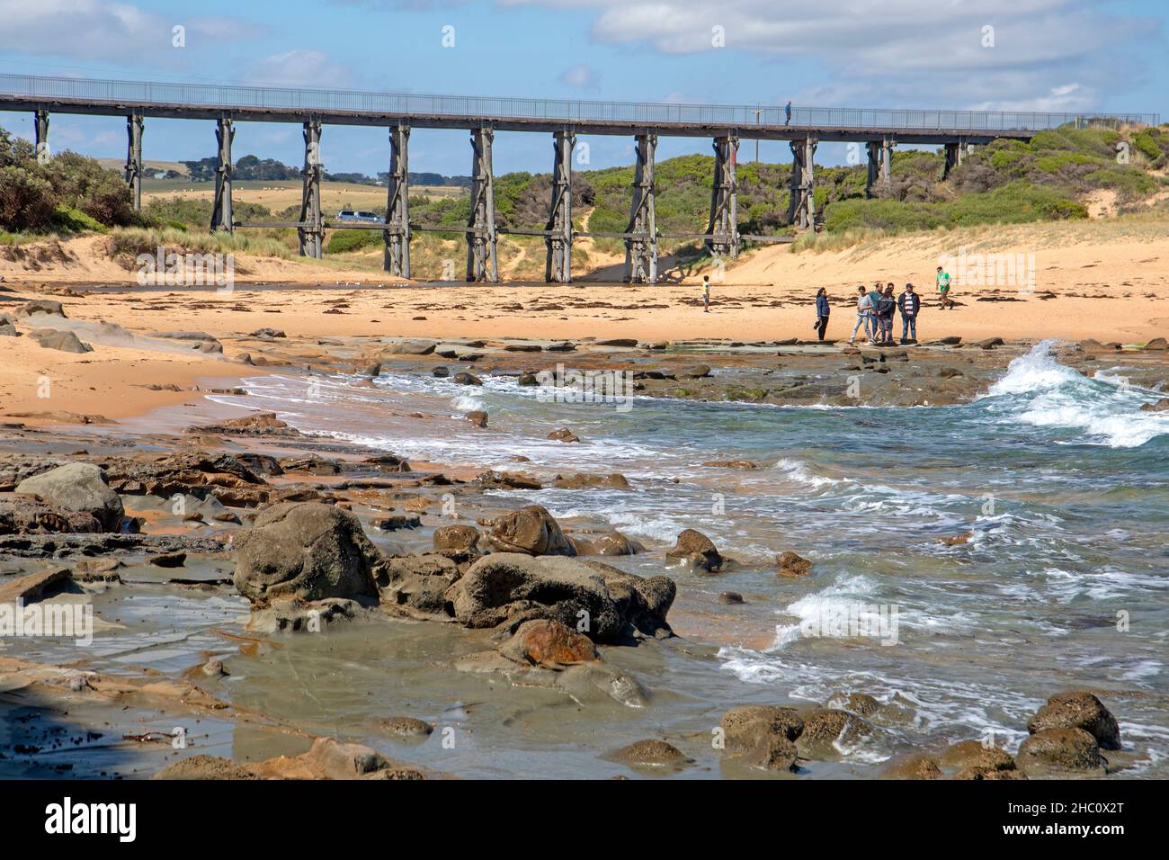 Trestle bridge above Kilcunda beach on the Bass Coast Rail Trail Stock ...
