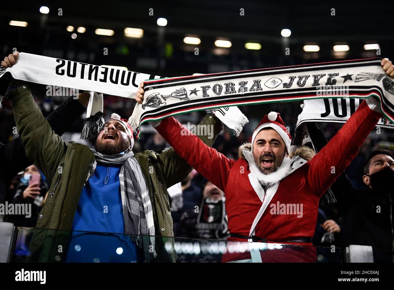 Turin, Italy. 21 December 2021. Fans of Juventus FC show their support ...