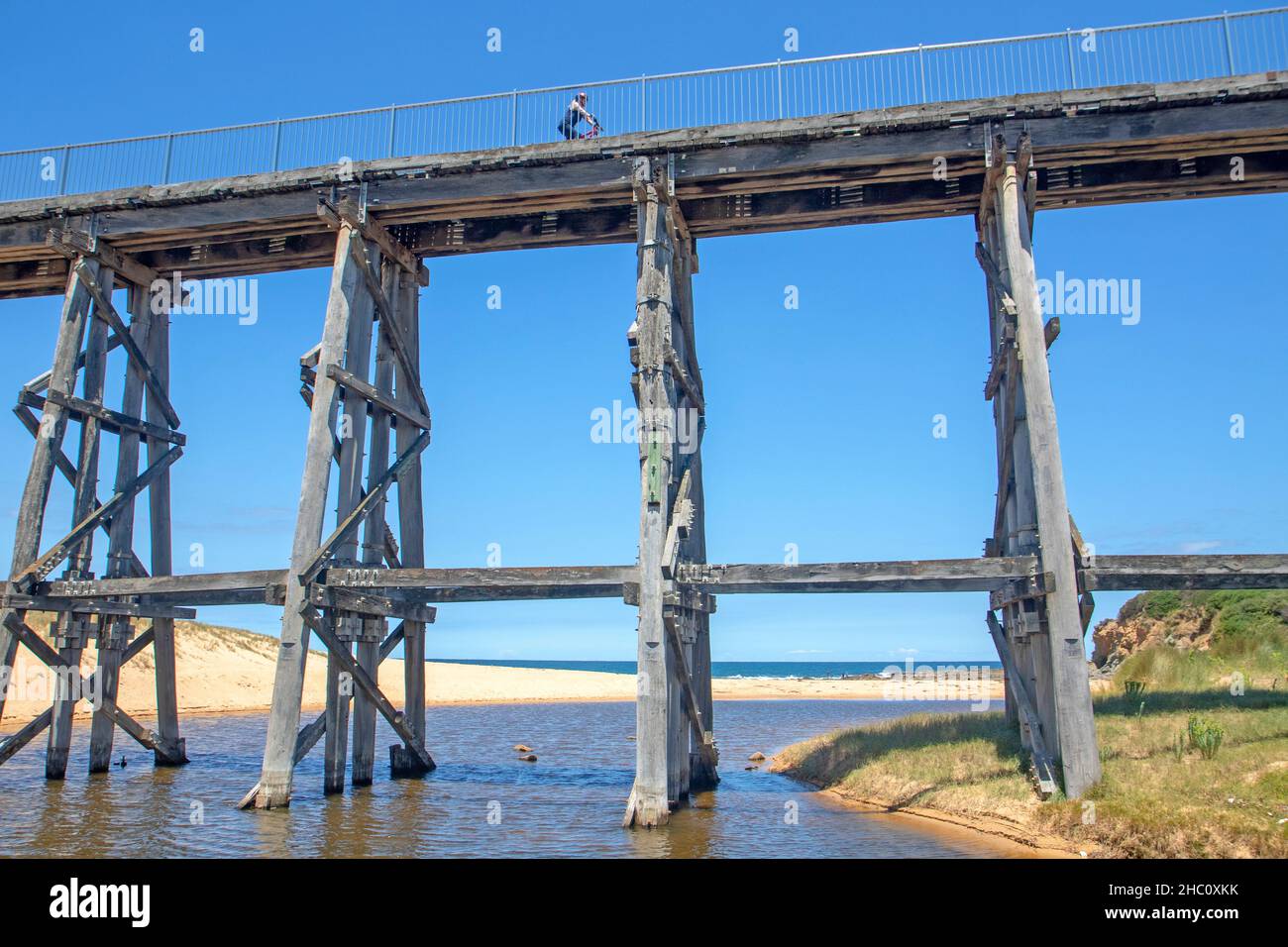 Trestle bridge above Kilcunda beach on the Bass Coast Rail Trail Stock ...