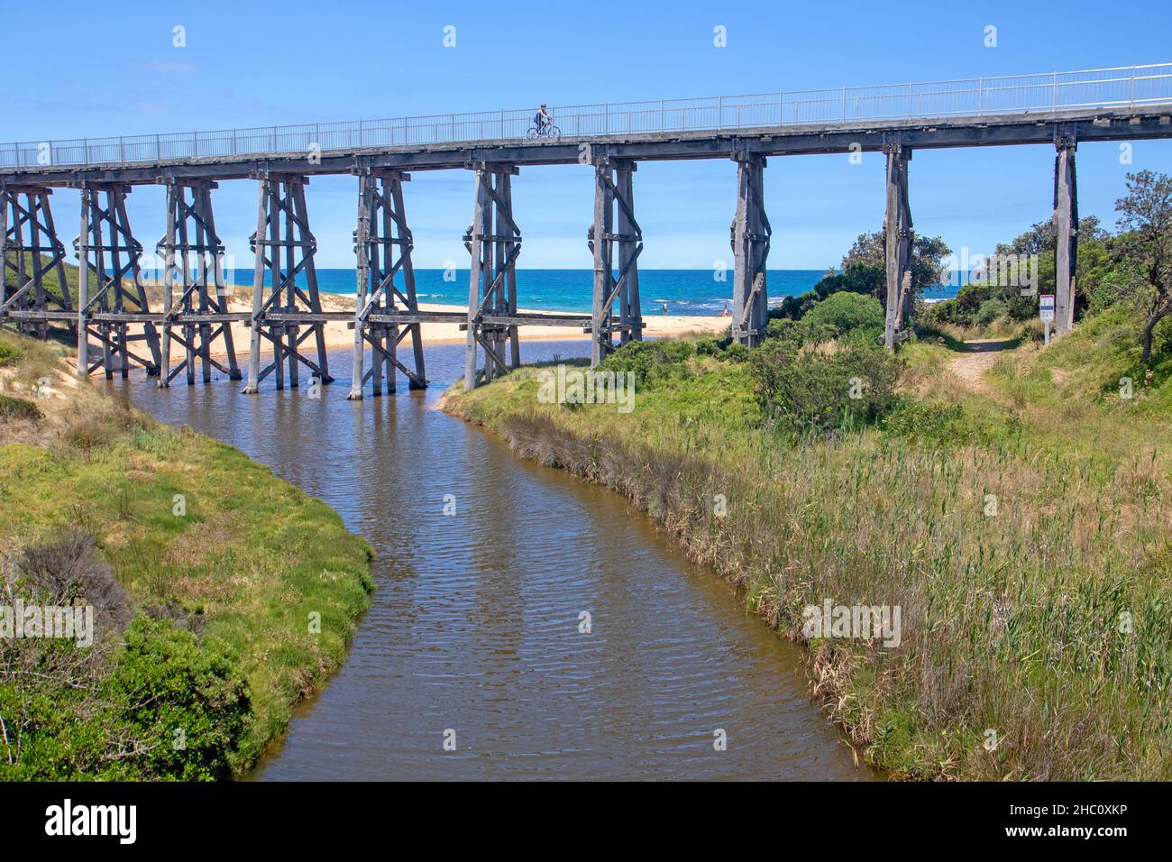 Trestle bridge above Kilcunda beach on the Bass Coast Rail Trail Stock ...