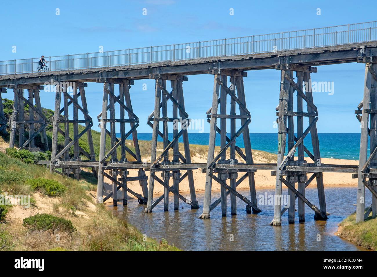 Trestle bridge above Kilcunda beach on the Bass Coast Rail Trail Stock ...