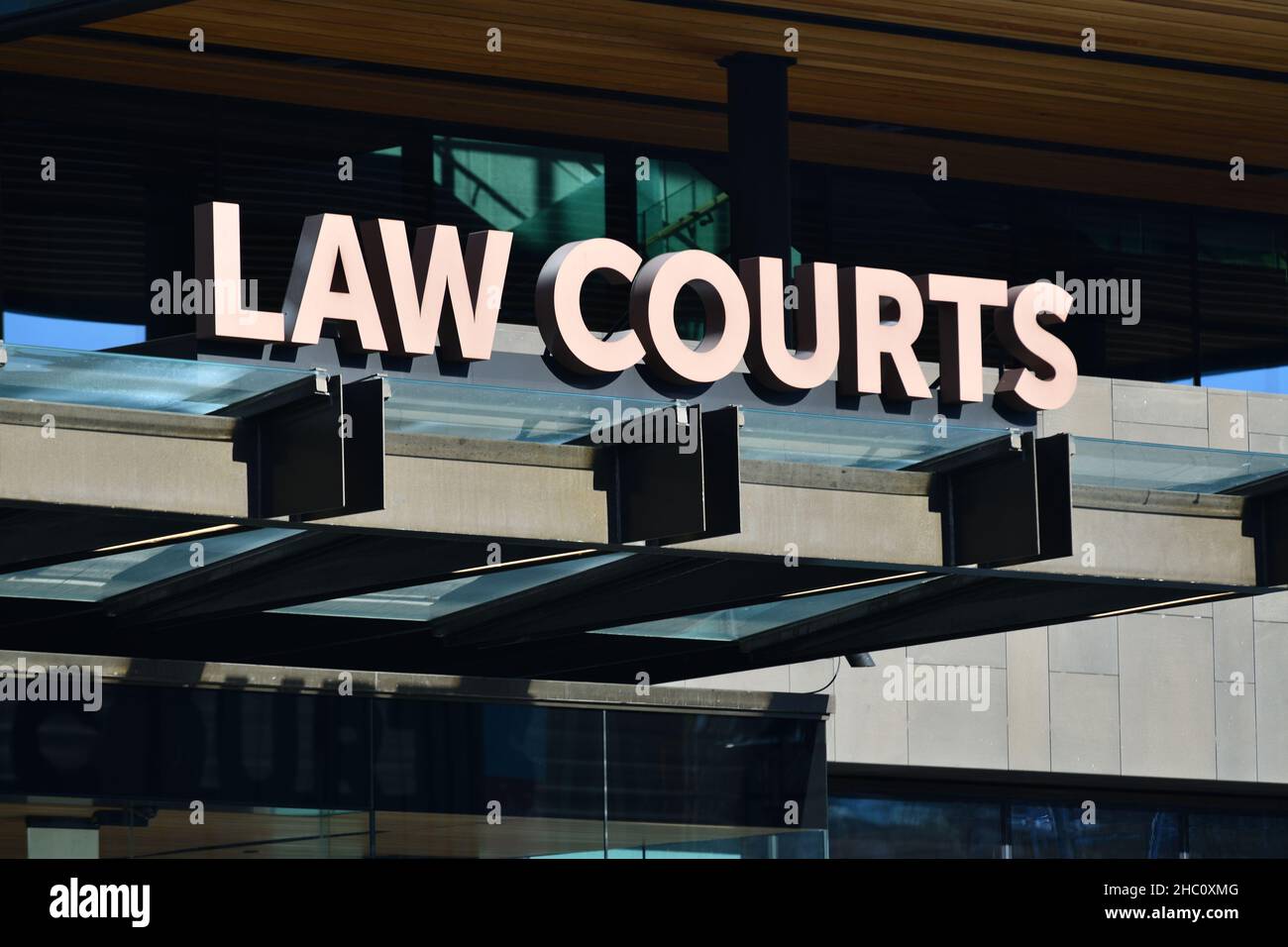 Signage for the High Court building in Christchurch, New Zealand Stock ...